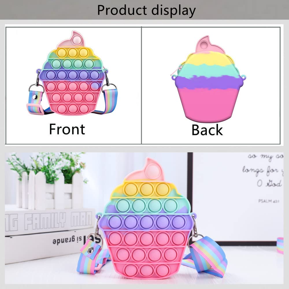 Pop purse bag for Girls, 2 in 1 Poppet Bag fidget Toy with Adjustable Shoulder Strap Length, Silicone Crossbody Small Purse Gift for Kids (Cup Cake)