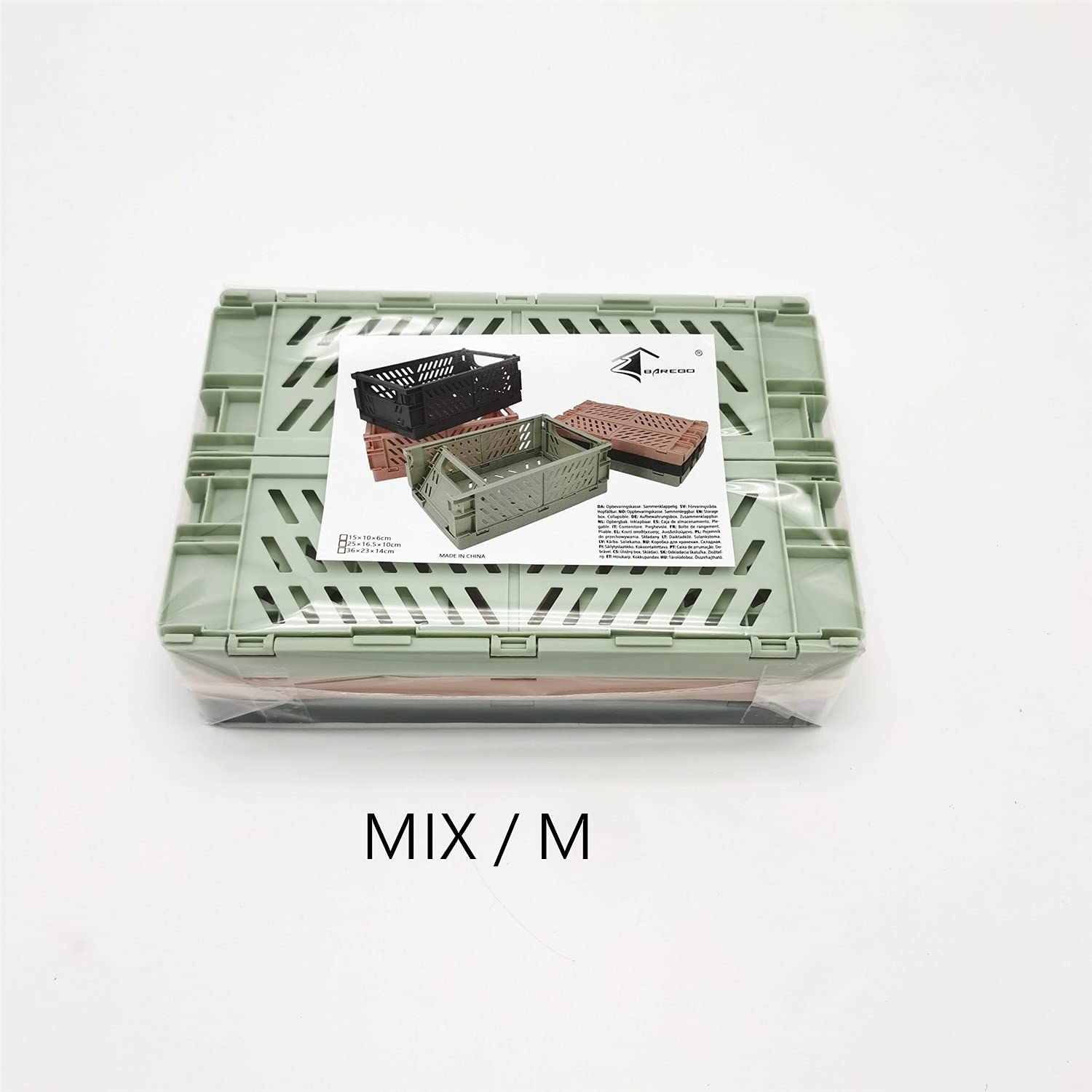 BAREGO Plastic Crates, Collapsible Folding Storage Basket/Container, Stackable Box for Office Kitchen Bathroom Grocery Car Trunk (M: 9.966.54.06in(3pcs, Macaron Mix 3 Color) M: 9.96*6.5*4.06in(3pcs)