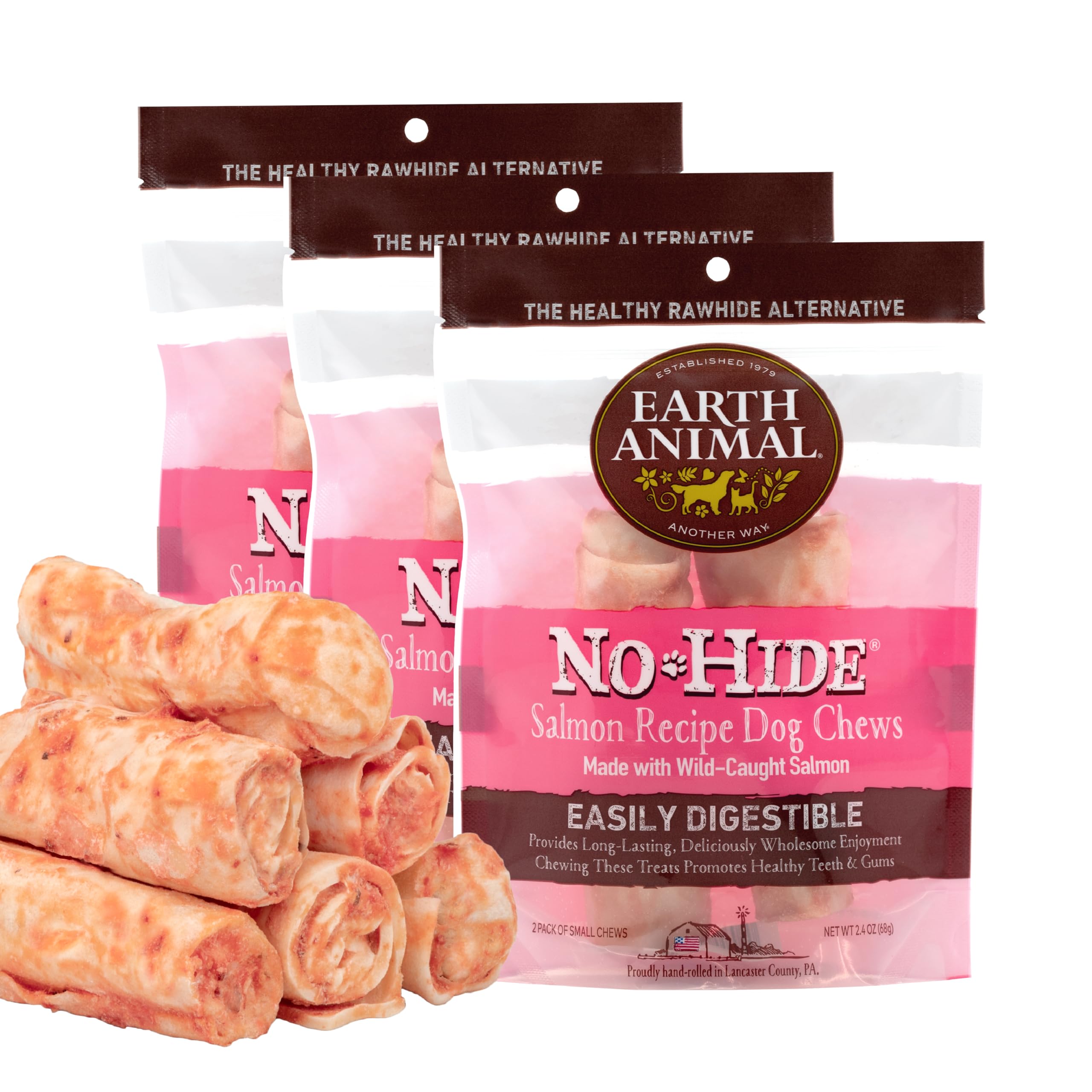 Earth Animal No Hide Small Long Lasting Dog Chew Rolls, Salmon, 2 Count Pack of 3