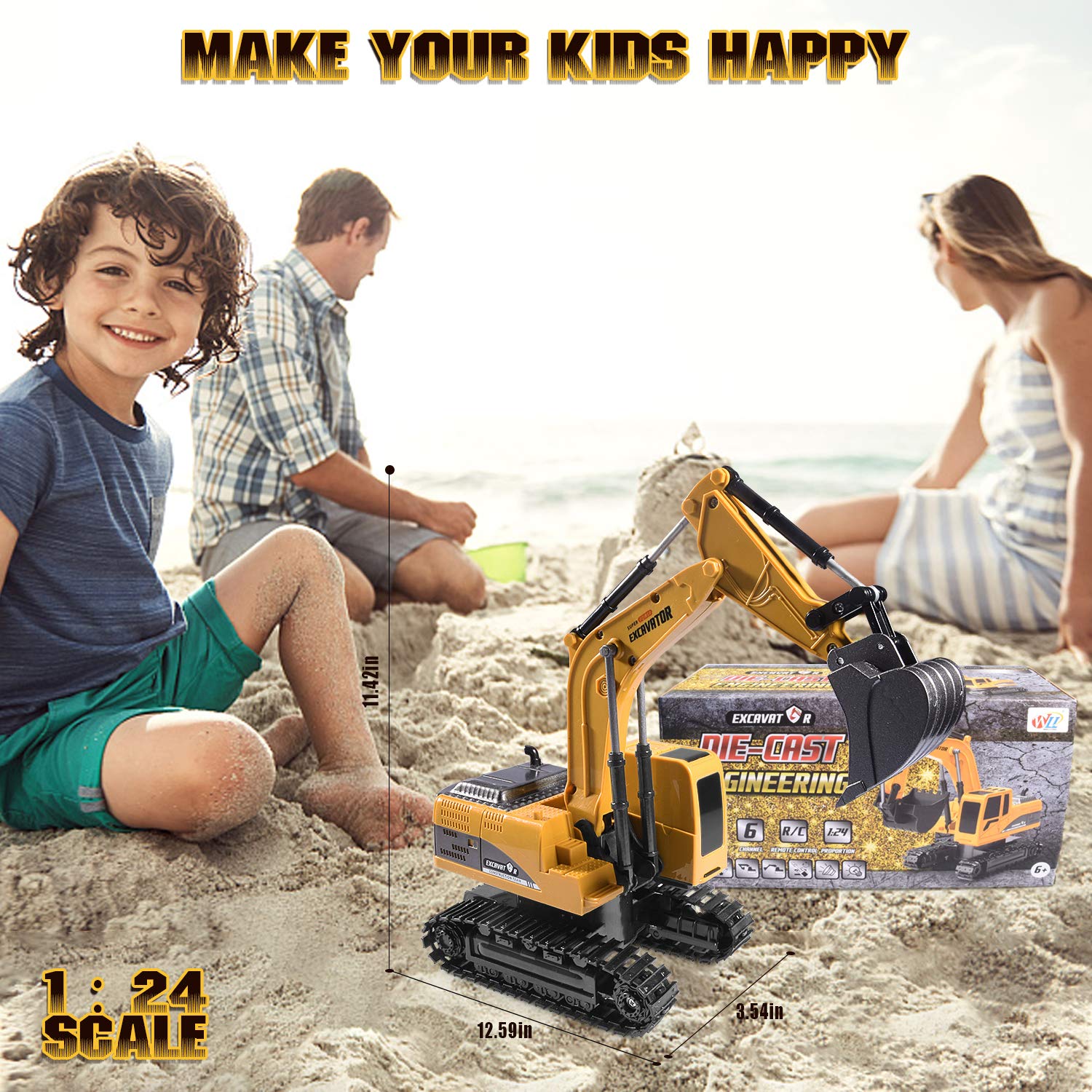 Urabiu Remote Control Toy Excavator Truck Fully Functional Children Toy Rechargable Simulated Sounds Engineering Sand Digger Construction Vehicle Toy Gift for Toddlers