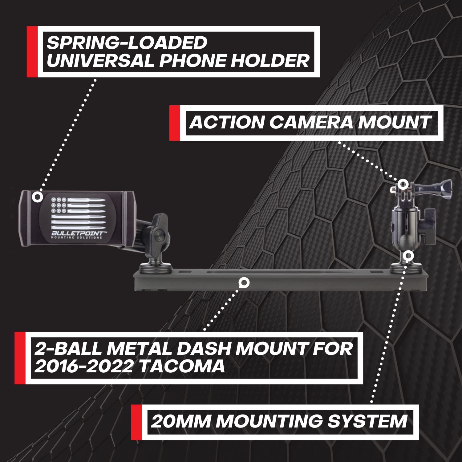 Bulletpoint Metal Dash Mount Compatible with 2016-2023 Toyota Tacoma Phone Mount & Action Camera Mount (2-Ball Mount)