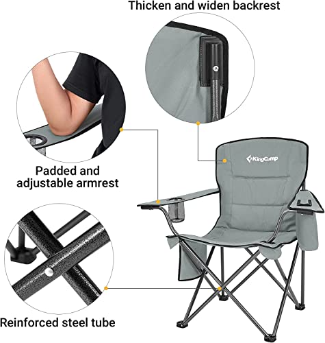 KingCamp Oversized Folding Camping Chair for Adults Portable Outdoor Lawn Heavy Duty with Cooler, Cup Holder, Side Pocket,Carry Bag, 2 Pack, Grey