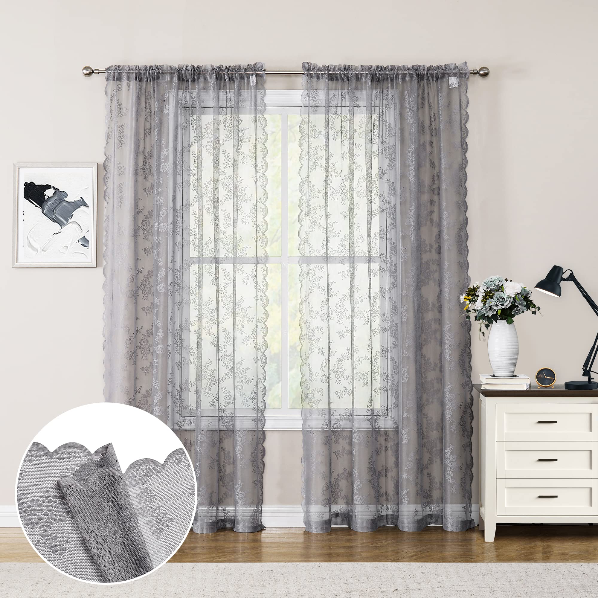 Urban Lotus Grey Lace Sheer Curtains 55 x 54 Inch Elegant Floral Rose Lace Embroidered Curtain Panels Airy Light Filtering Rod Pocket Window Treatment Sets for Garden Balcony, 1 Pair