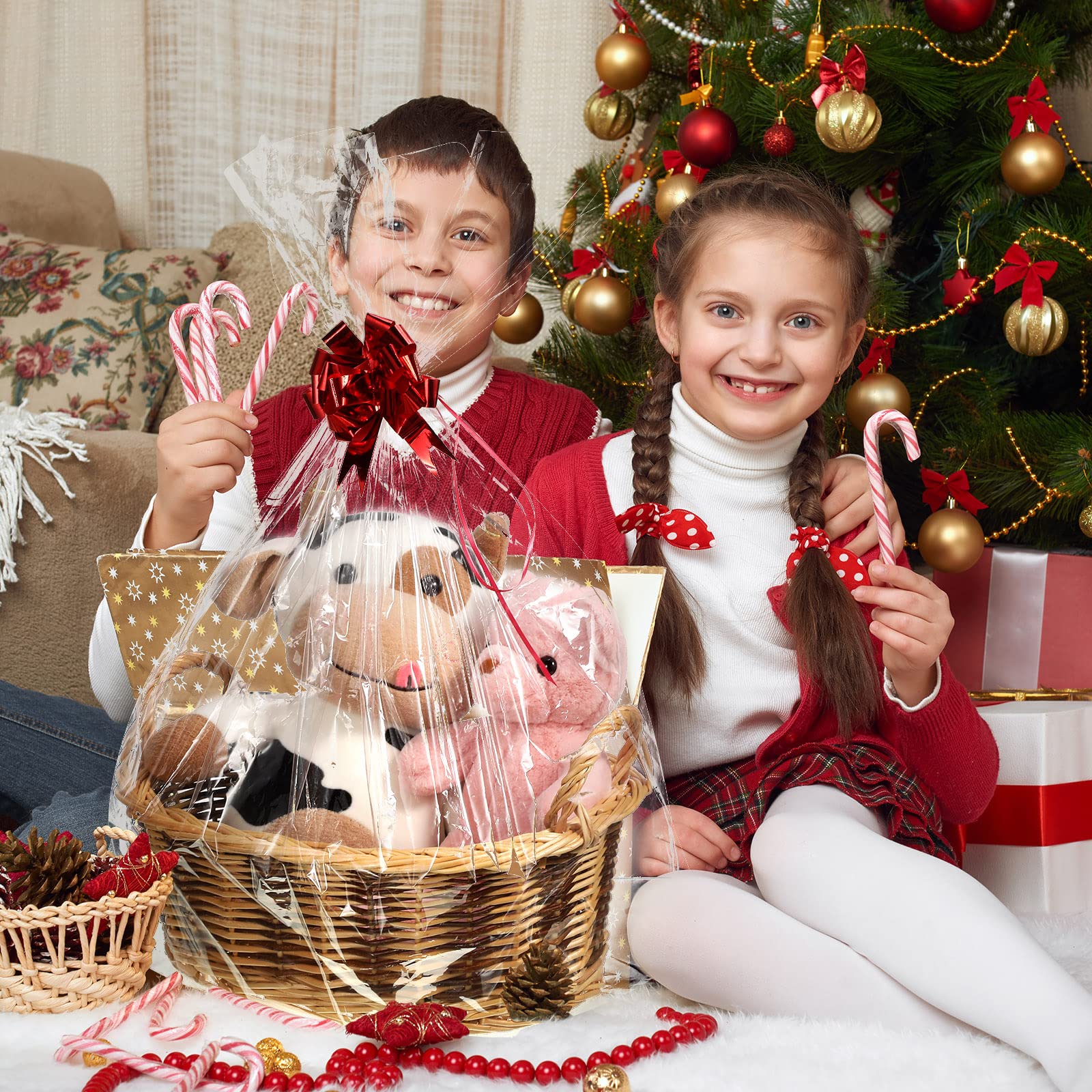 Maitys 2 Sets Basket for Gifts Empty Bulk Woven Wicker Empty Gift Baskets with Handles Clear Gift Bags Kraft Cards Pull Bows Gift Basket Kit Supplies to Fill for Wedding Birthday Party Gift Wrapping