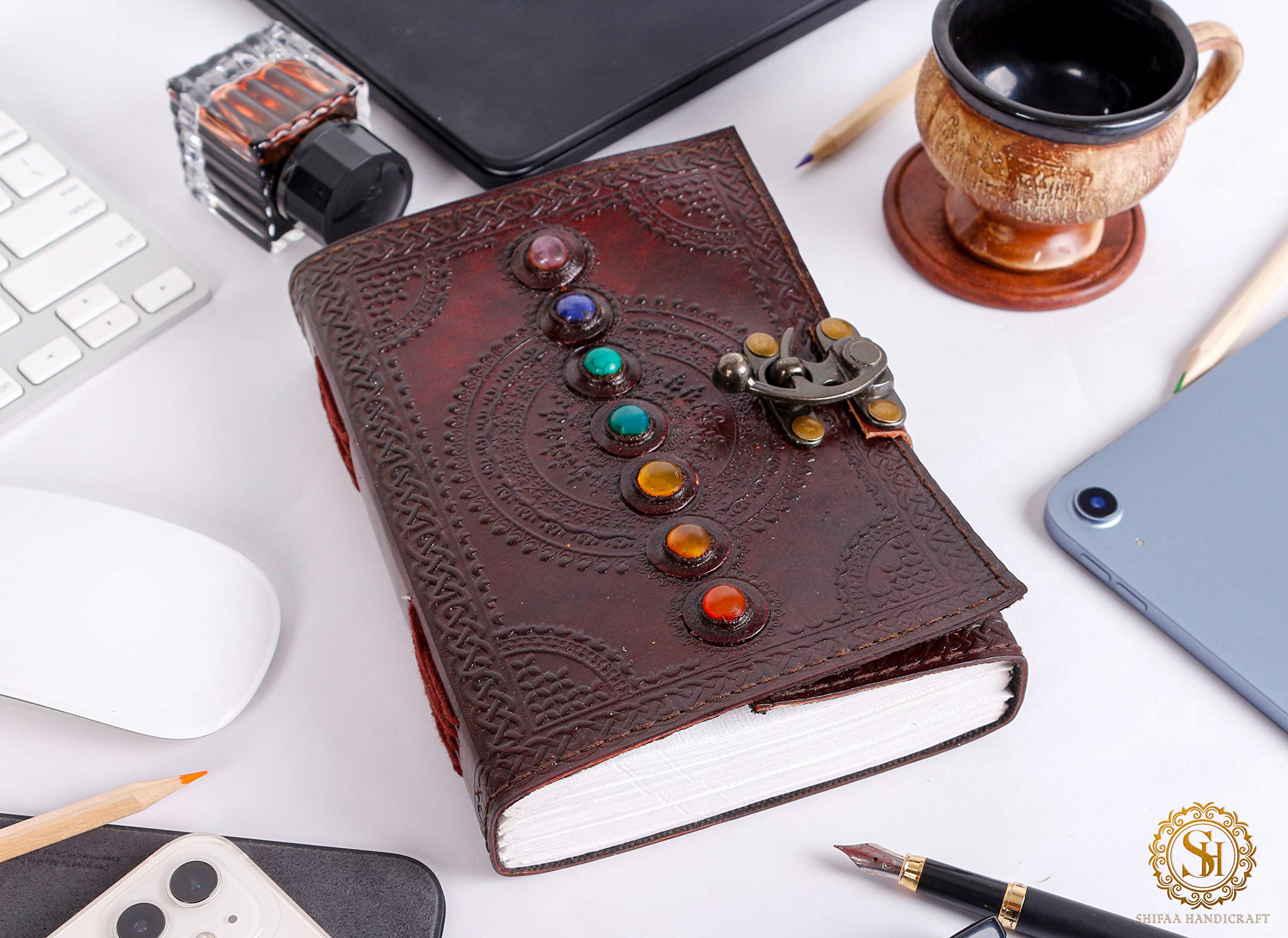 Blank spell book of shadows journal with lock clasp prop vintage handmade leather seven stone diary embossed seven chakra prayer pagan antique witchcraft wiccan notebook daily 7 x 5 Inches.