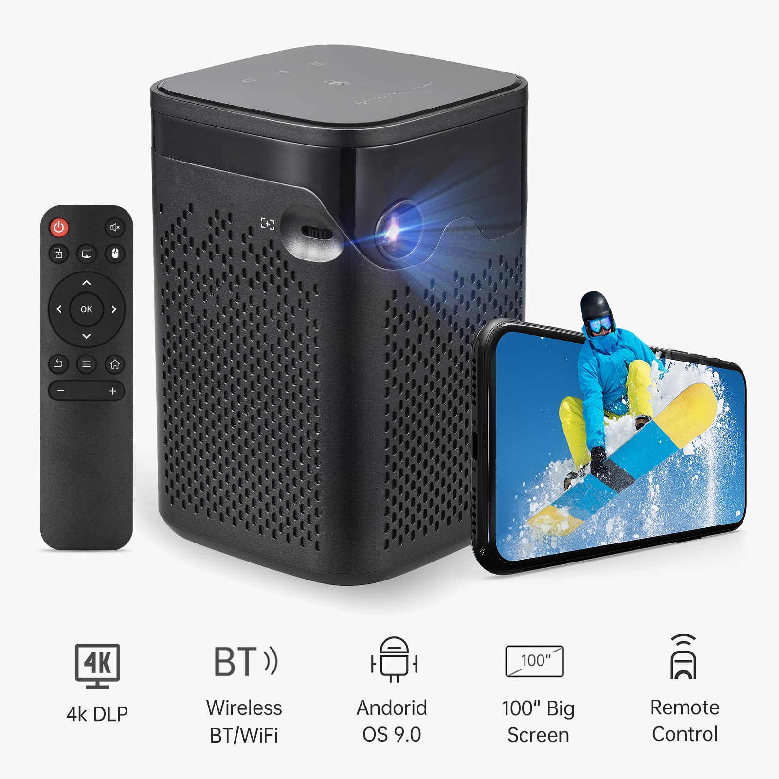 BISOFICE 3-IN-1 Mini Projector with WiFi and Bluetooth, 4K 1080P 150 ANSI Lumen DLP Android TV 9.0 Smart Portable Projectors, 3W Speaker, Auto-Vertical Keystone for Home, Outdoor with Remote Control