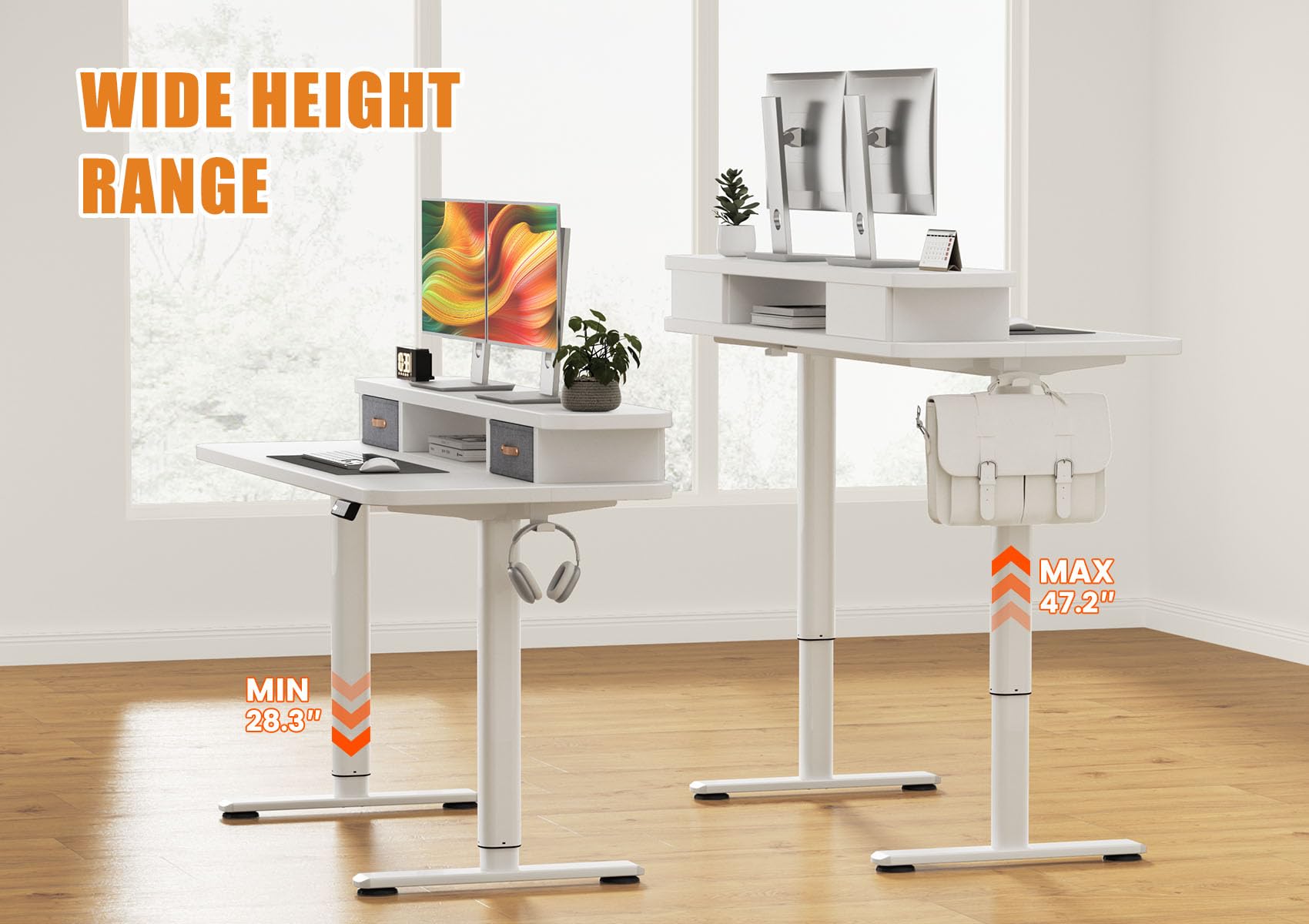 Flycity Electric Standing Desk with Dual Drawers, 55" x 24" Height Adjustable Desk Sit Stand Desk with Memory Controller, Casters & 2 Hooks, Ergonomic Low Noise Home Office Desk, White