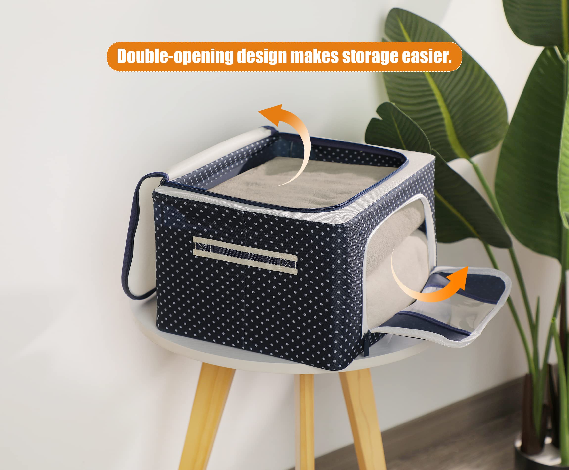 Furnhome Clothes Storage Organizer Bins, Foldable Storage Bins-Oxford Cloth Steel Frame Storage Box for Clothing Storage with Foldable Clear Window & Reinforced Handles (Navy Dots, 22L, 3PCS)…