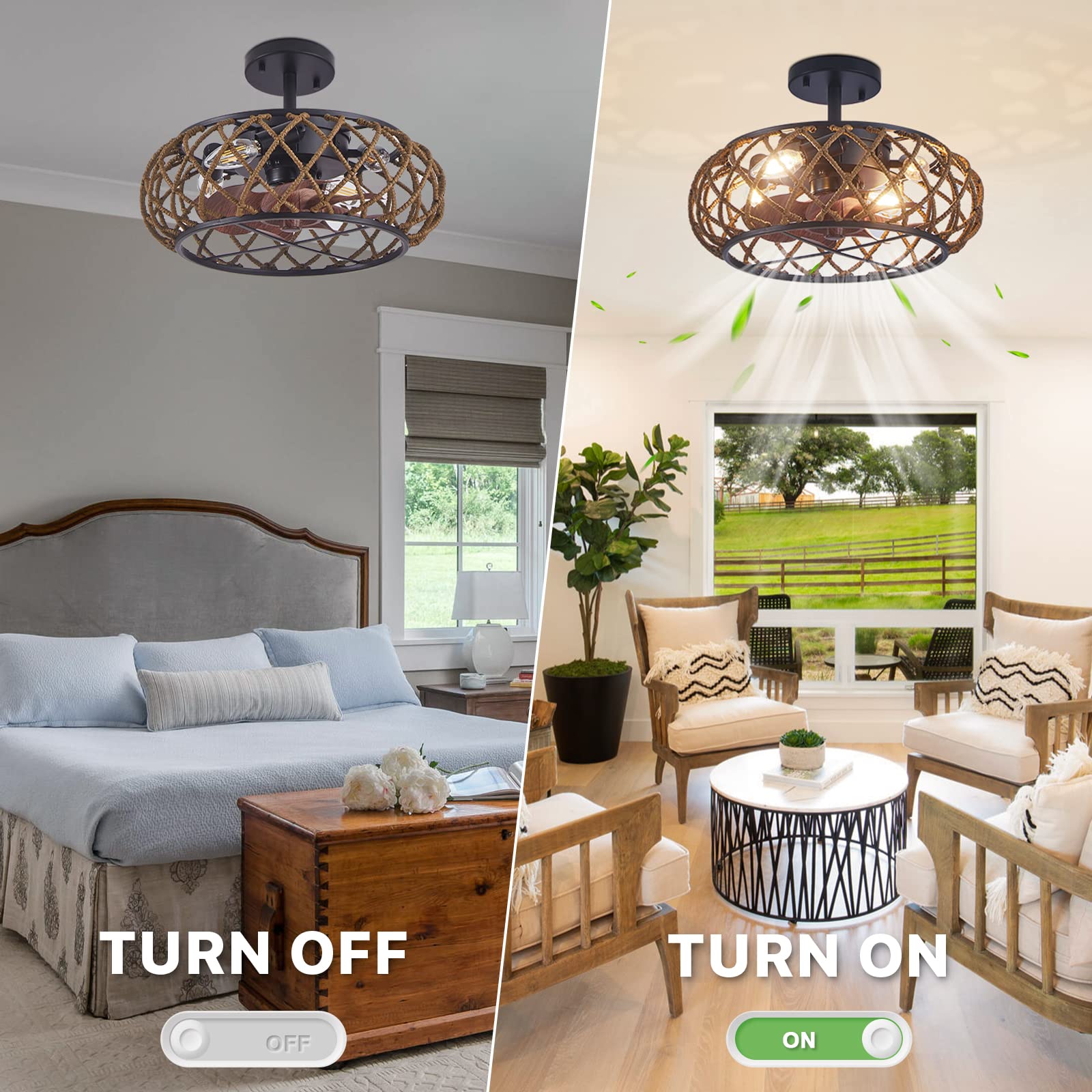 Buevea Caged Ceiling Fans with Lights Remote Control, 16'' Farmhouse Rattan Low Profile Ceiling Fan with Lights, Small Bladeless Celling Fan for Bedroom, Kitchen