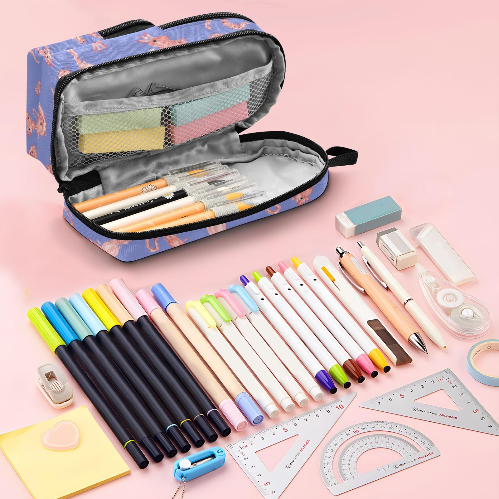 Sletend Cute Axolotl Salamander Pencil Case Big Capacity Handheld Pencil Pouch Portable Large Storage Canvas Pencil Bag for Boys Girls Adults Students