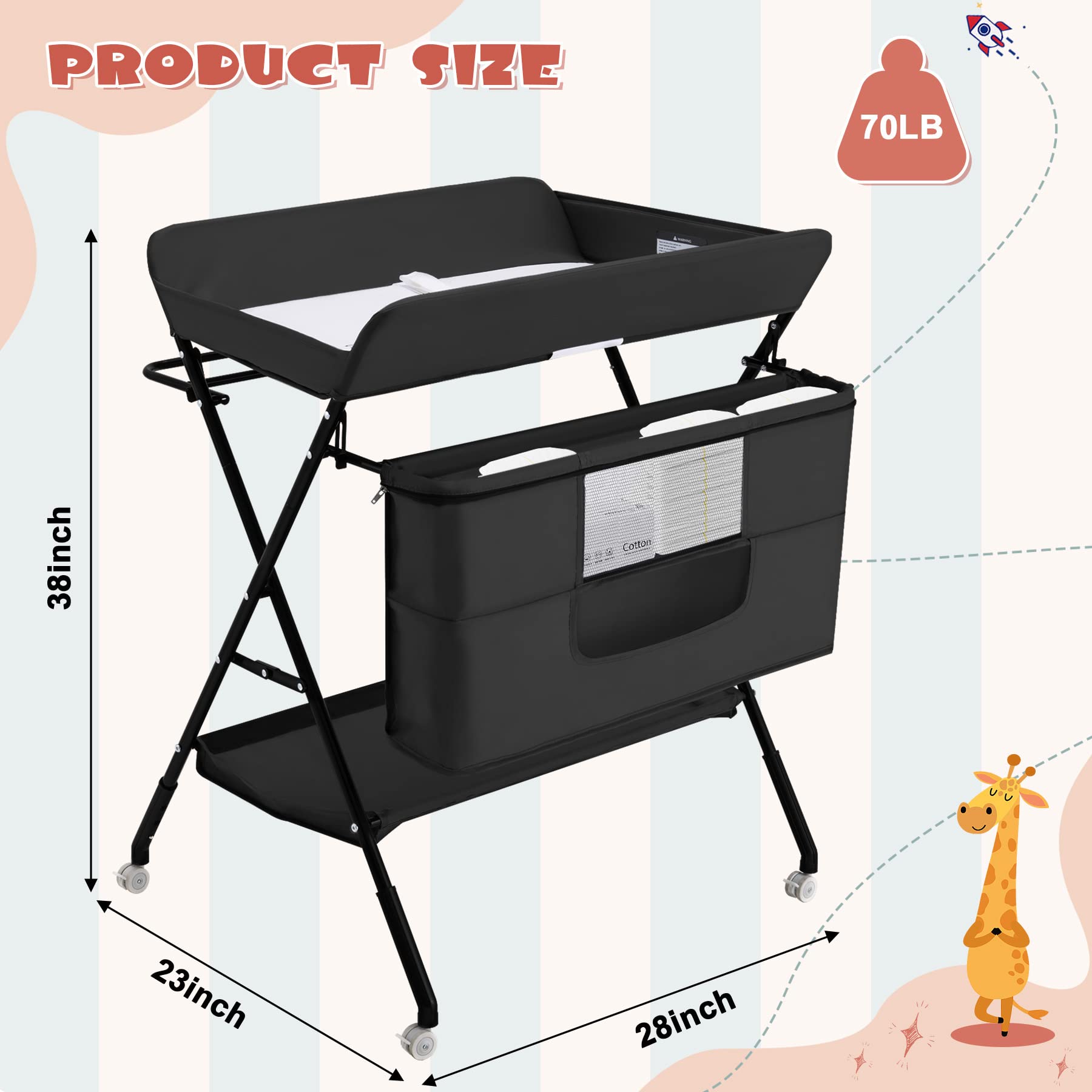 DAWNSPACES Baby Changing Tables, Portable Folding Baby Diaper Changing Table for Infant, Adjustable Height Changing Station with Nursery Organizer & Wheels, Black