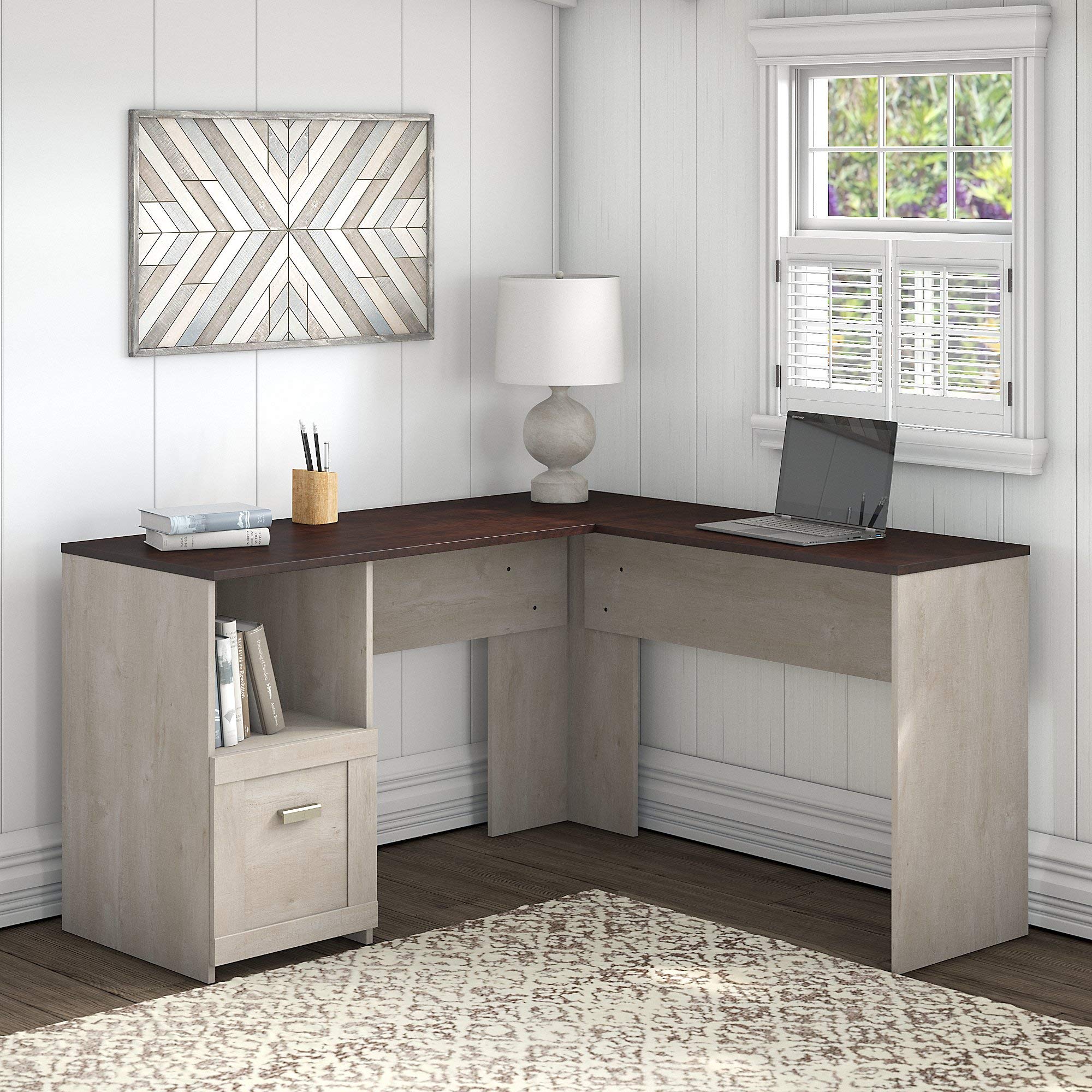 Bush Furniture Townhill 54W L Shaped Desk in Washed Gray and Madison Cherry
