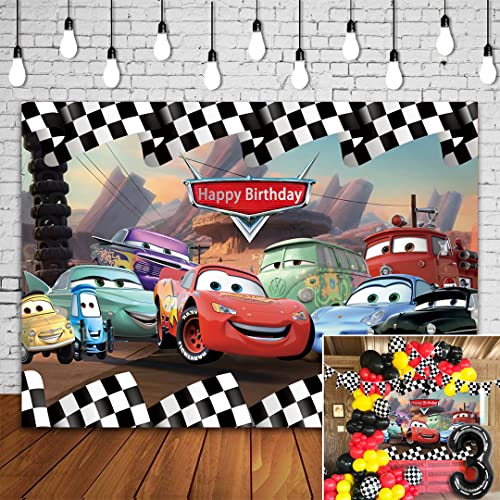 Cars Backdrop Cartoon Cars Birthday Party Supplies 3rd Happy Birthday Backdrop Black White Grid Red Photo Backgrounds Baby Shower Decorations Banner 7x5FT