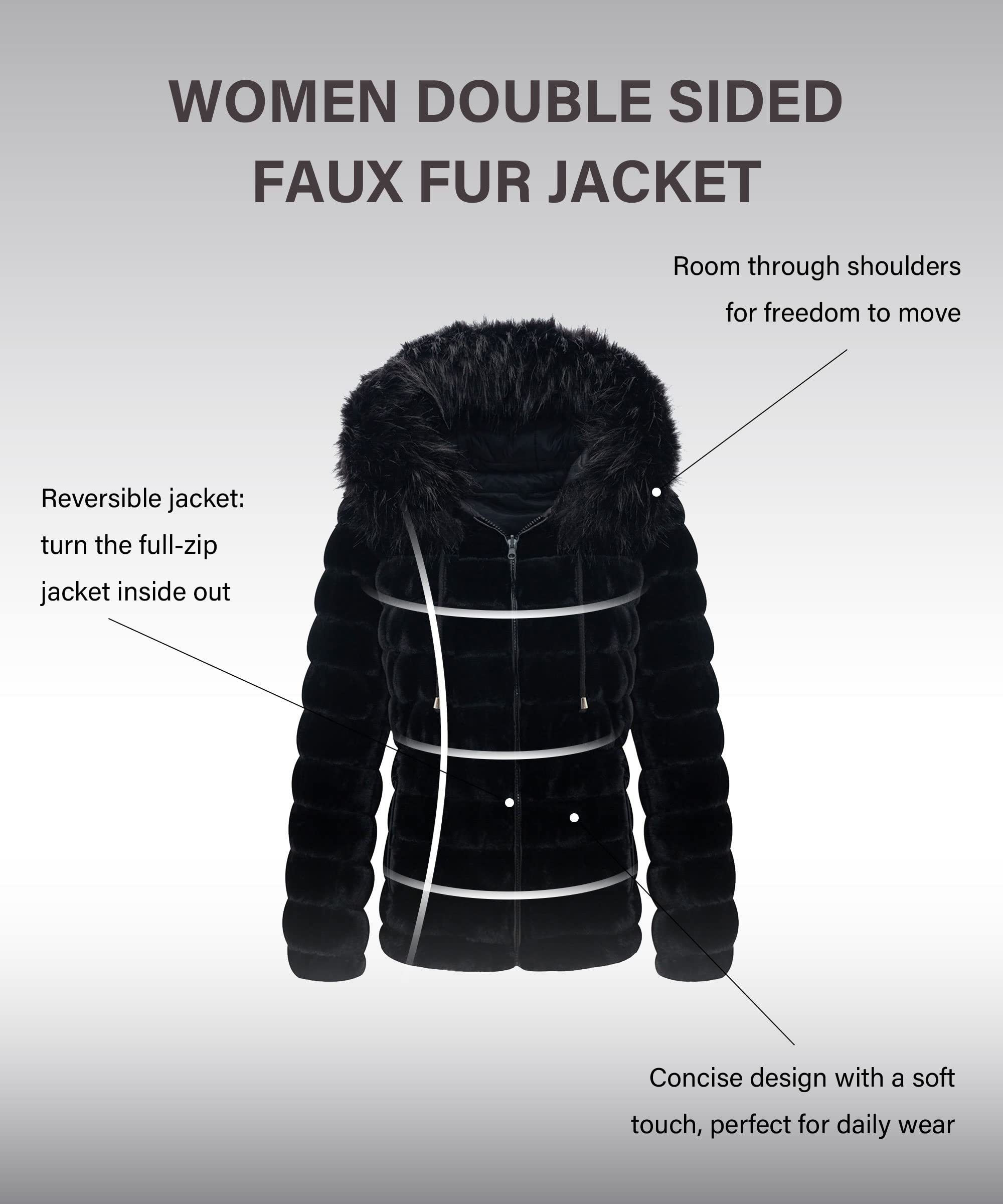 Bellivera Women Double Sided Faux Fur Jacket with Fur Collar, The Puffer Coat Worn on Both Sides 19225 Black S
