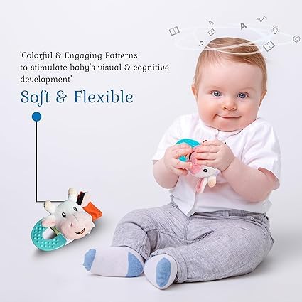 Wristy Buddy Teething Ring for Babies 0-6 8 10 12 Months | Cute Soft Cow Teething Toys & Gloves | Baby Teething Relief Toy Pack | Infant Chew Toys for 3-6 Months, 1 2 3 Years