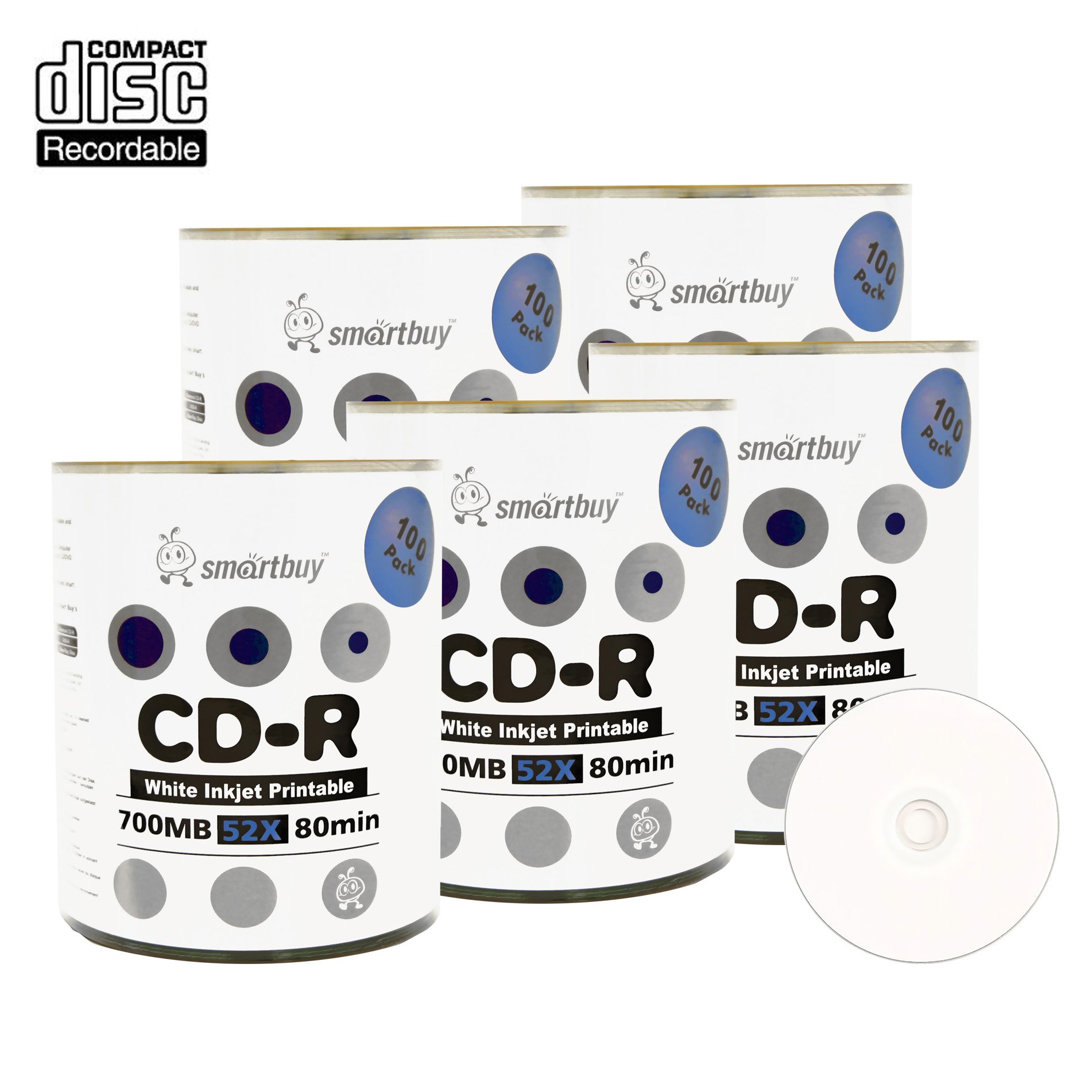 Smart Buy CD-R 500 Pack 700mb 52x Printable White Inkjet Blank Recordable Discs, 500 Disc, 500pk