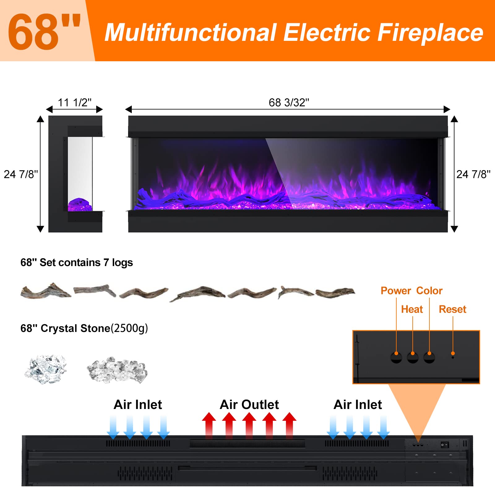 Cosmopolitan Fireplaces Phoenix Omnivue Series 68 inch 3 Sided Electric Fireplace Insert, Smart Wi-Fi Wall Mount/Built-in Fireplaces, 251 Realistic Flames, Low Noise 3000/1500Watt Fireplace Heater