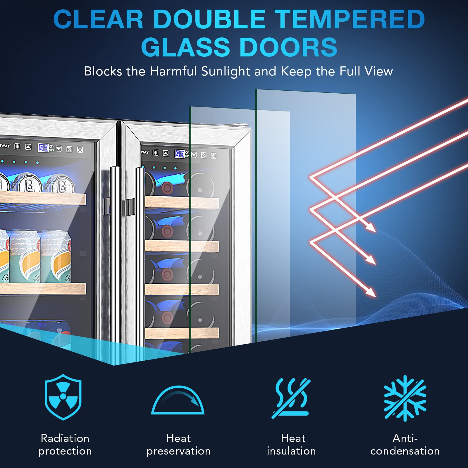 CHEFJOY Beverage and Wine Cooler Refrigerator, Dual Zone 2-in-1 Wine Fridge Cellar w/Independent Temperature Control, LED Lights, 18 Bottles & 57 Cans, Quiet Operation, Freestanding or Built-in