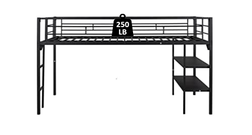 Lostcat Twin Size Metal Loft Bed and Storage Shelves,Heavy Duty Metal Loft Bed w/Full Length Guardrails and Ladder,No Box Spring Needed,Suitable for Kids,Teens,Adults,Black