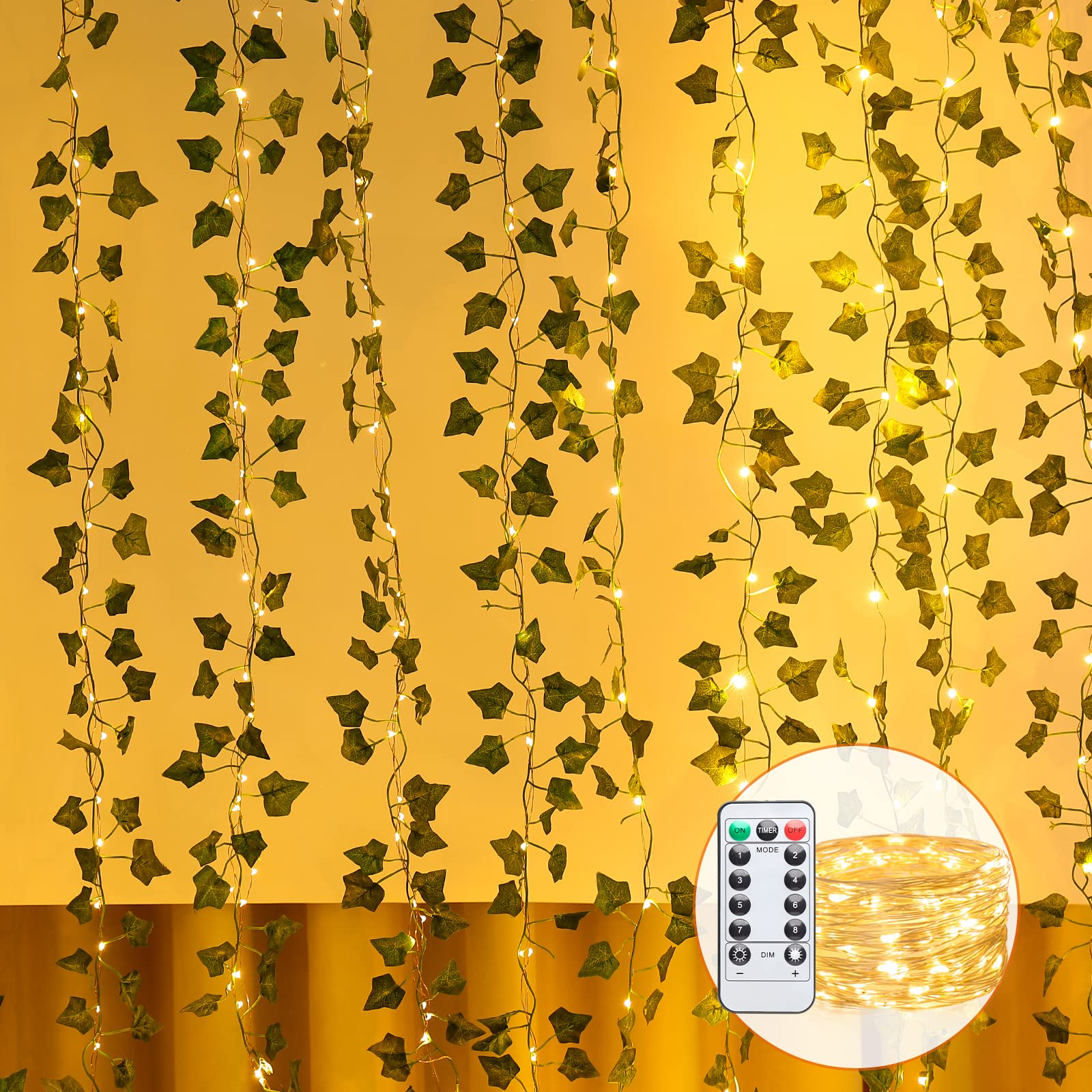 PETVAY Vine Lights, 12 Pcs 84 Ft Artificial Ivy Garland Leaf Vine with 100 LED String Light & Battery Operated, Fake Hanging Plant Light for Bedroom Wall Garden Wedding Party Home and Kitchen Décor