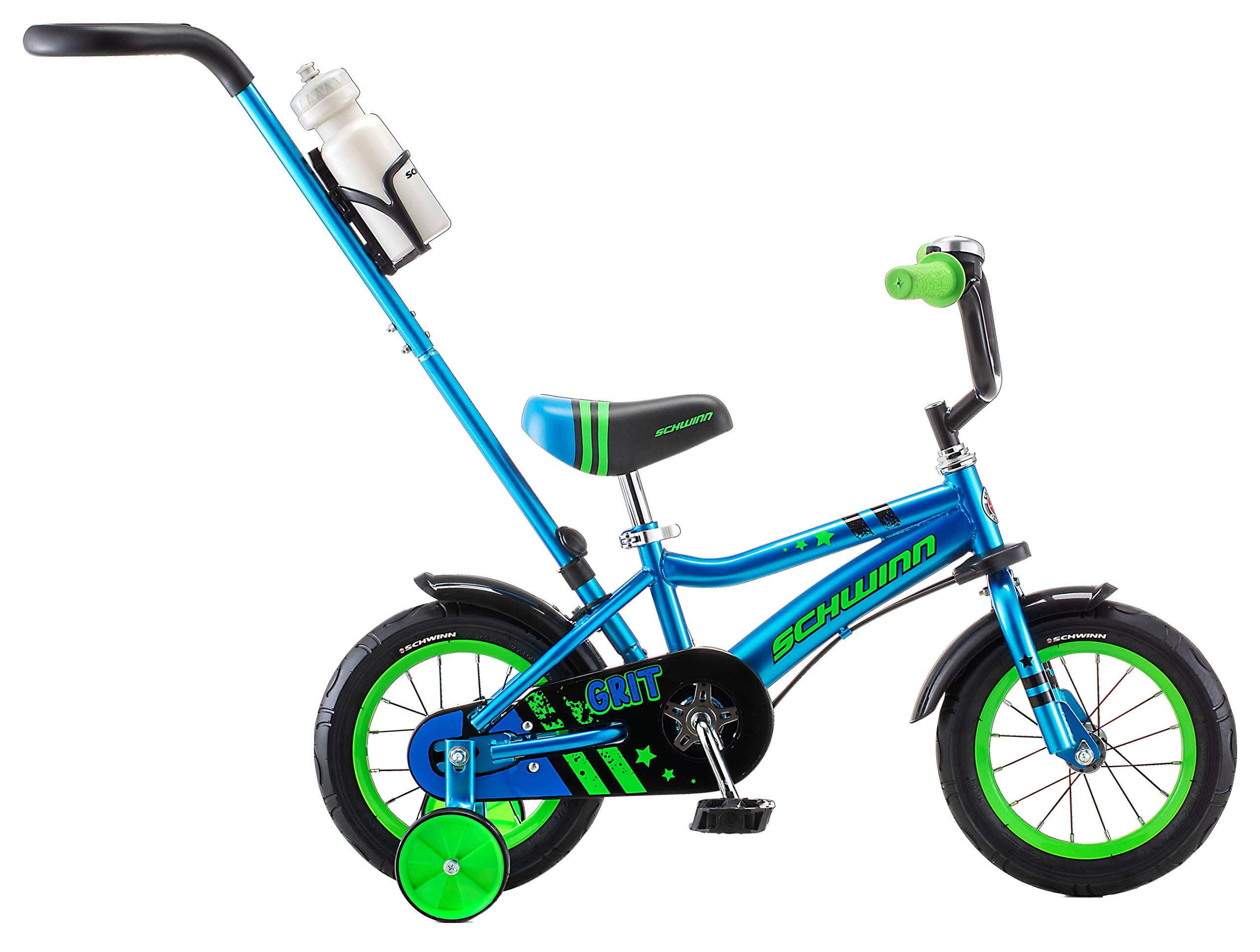 Schwinn Grit Push Steer and Ride Kids Bike, Boys Beginner Bicycle, 12-Inch Wheels, with Training Wheels, Parent Push Handle, Water Bottle and Holder, Blue