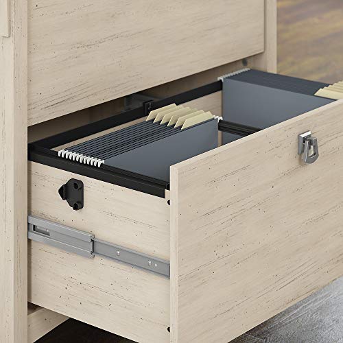 Bush Furniture Salinas 60W L Shaped Desk with Hutch, Lateral File Cabinet and 5 Shelf Bookcase in Antique White