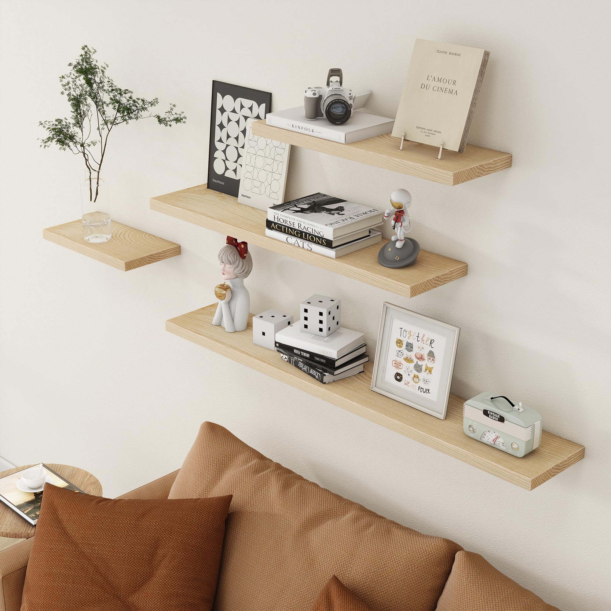 FLYJOE Floating Shelves for Wall, 48 Inch Floating Shelf Set of 1, Solid Ash Wood Wall Shelves, Rustic Grey Wooden Shelves for Living Room Bedroom Kitchen Home Office - Grey