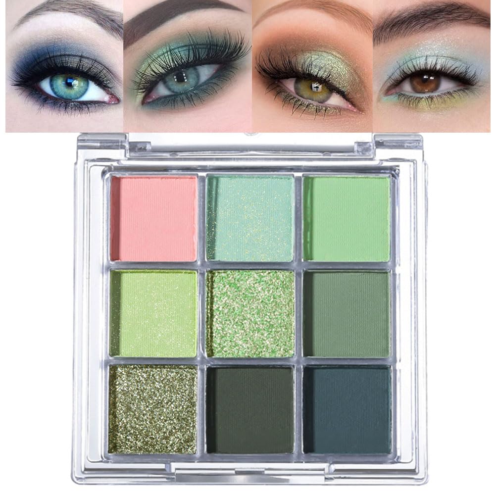 CAKAILA 9 Colors Green Highly Pigmented Colorful Eyeshadow Palette,Matte Shimmer Forest Emerald Green Eye Shadow Makeup Palettes,Long Lasting Waterproof Eye Makeup Palette