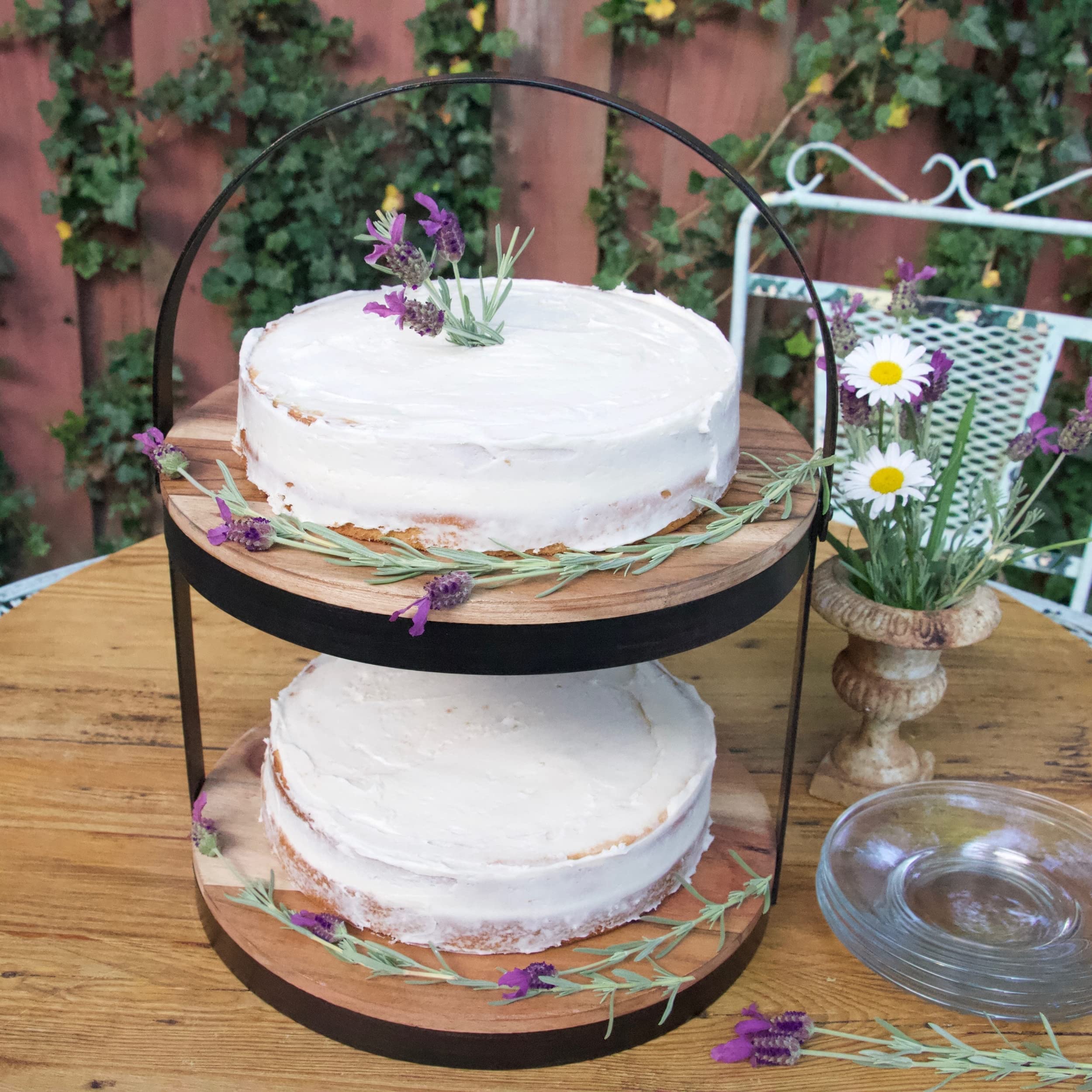 BIRDROCK HOME 2-Tier Cupcake and Cake Stand with Handle - Wood Iron Dessert Serving Tray - Rustic Farmhouse Dessert Stand - Modern Party Tiered Server - Table Kitchen Home Display - Round