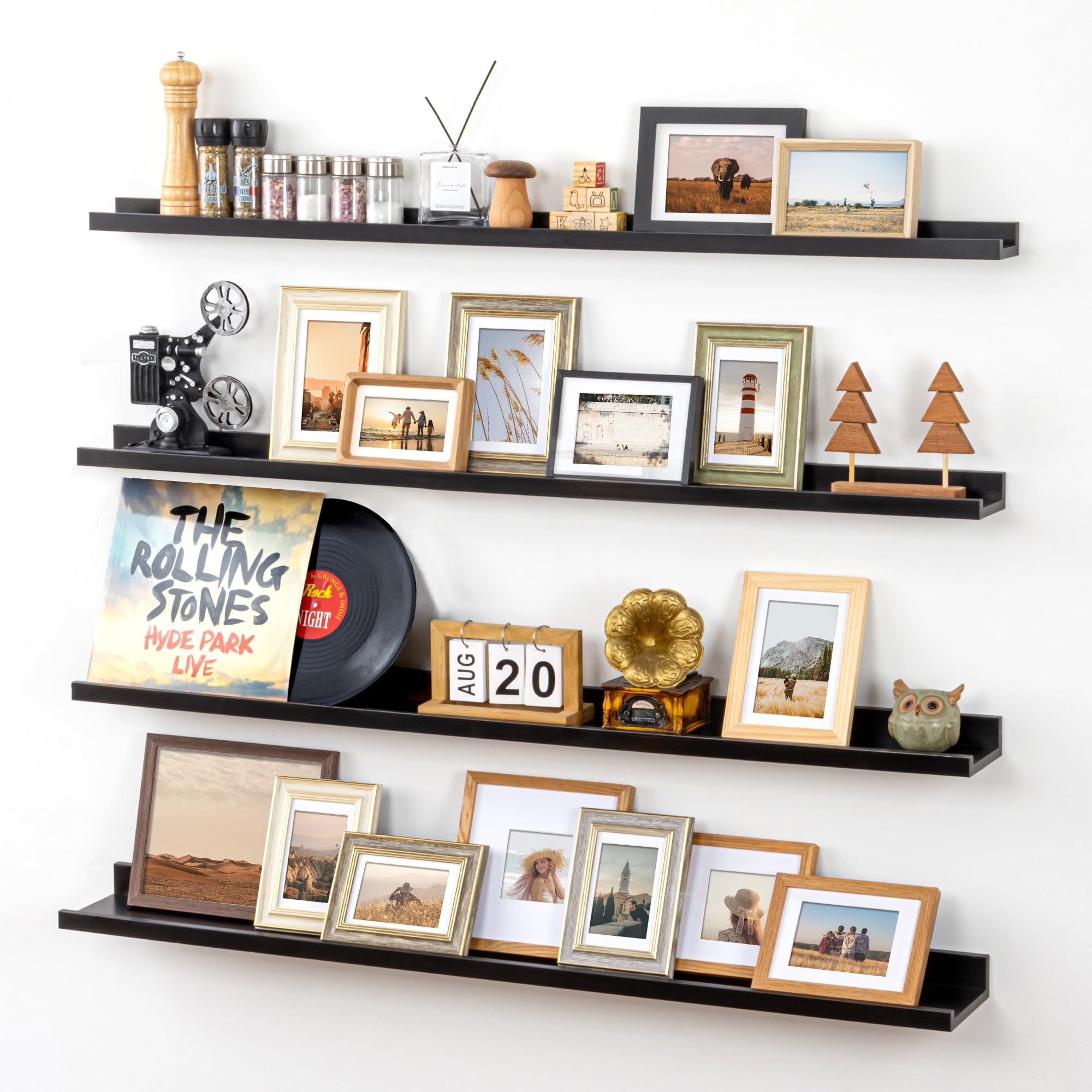FLYJOE Picture Ledge Wall Shelves 48 inch Width Set of 4, Rustic Large Long Floating Ledge Shelves for Wall for Kid's Room Bedroom Kitchen Bathroom Living Room Nursery Display Wall Decor, Black