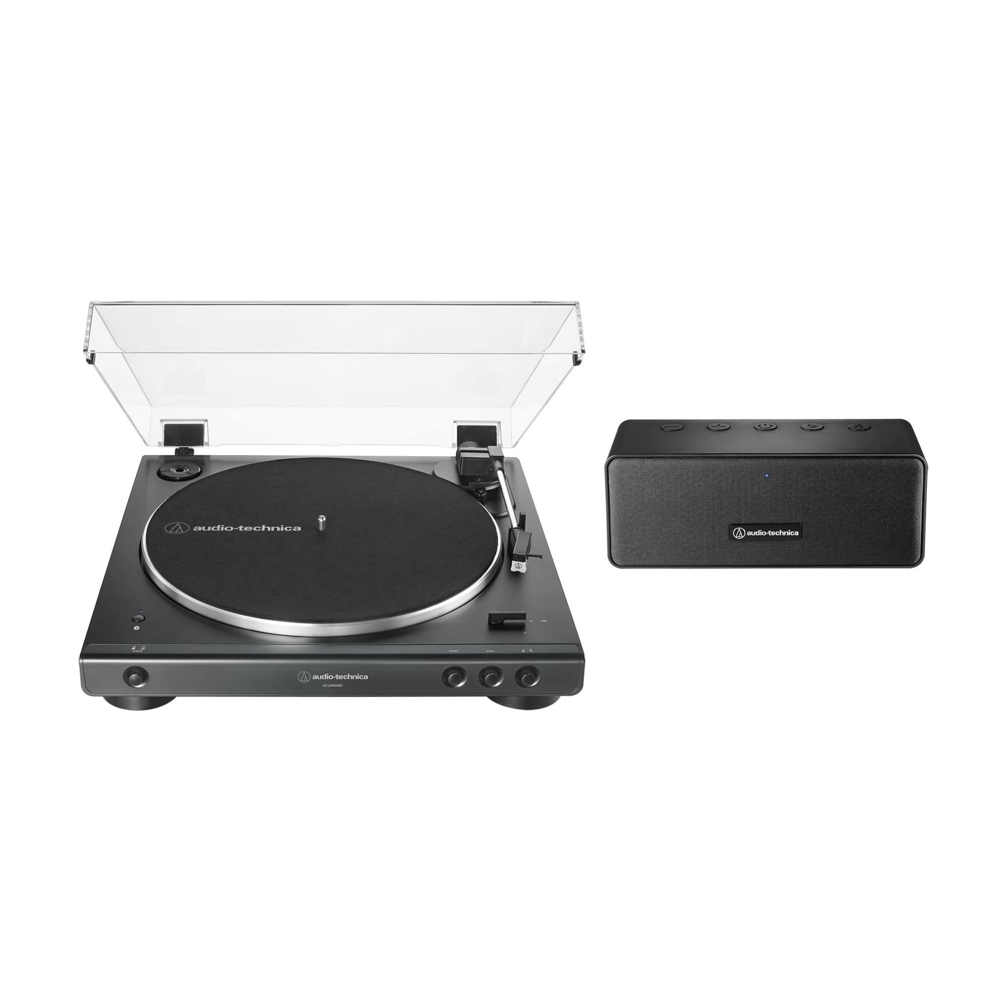 Audio-Technica AT-LP60XSPBT Fully Automatic Two-Speed Turntable and Bluetooth Speaker (Black) Bundle with Vinyl Record Cleaner Kit (2 Items)
