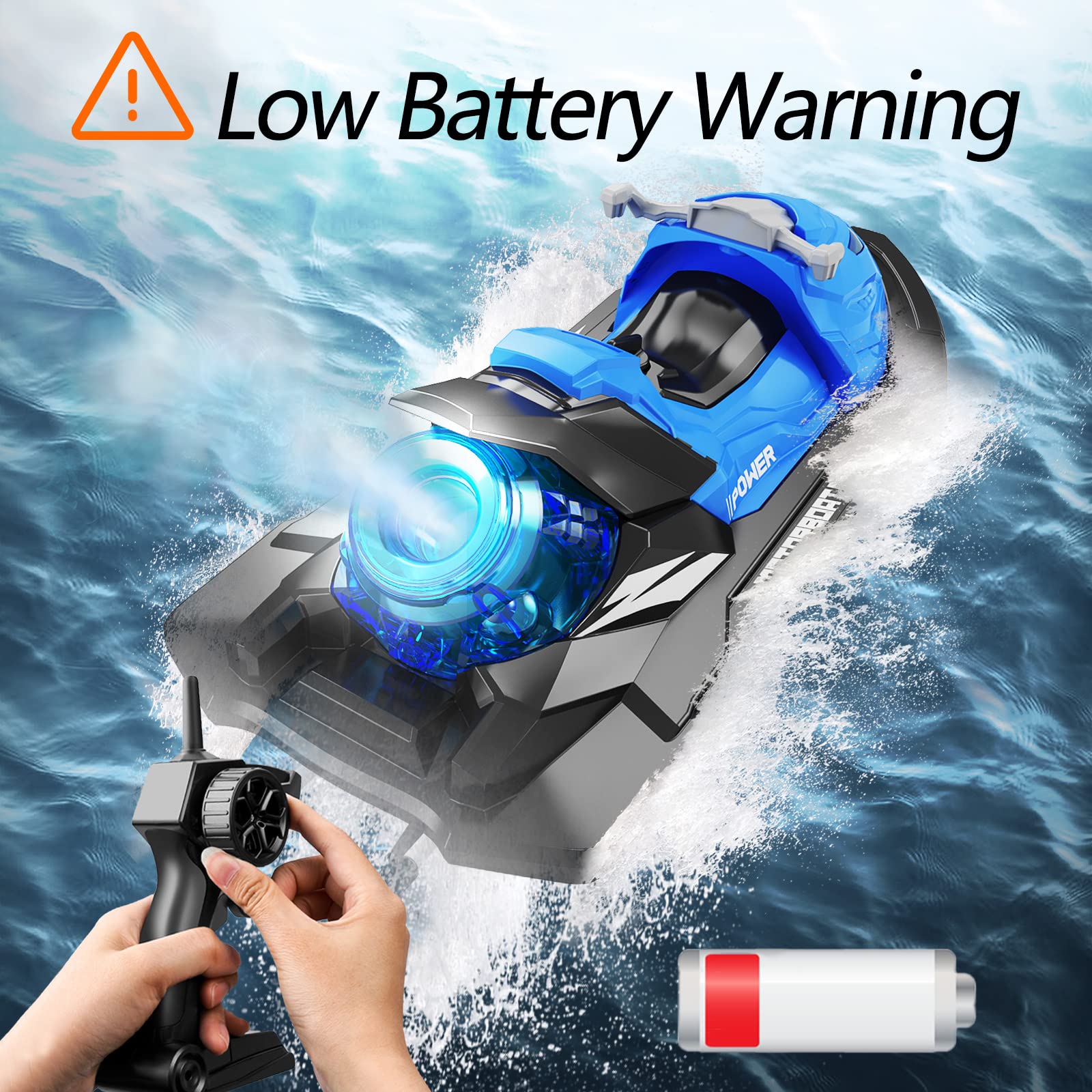 IOKUKI RC Boats for Kids & Adults with Spraying Function, 2.4G Remote Control Boat for Pools & Lakes with Rechargeable Toy Boat Battery/Dual Motors/Low Power Prompt/Waterproof - Blue