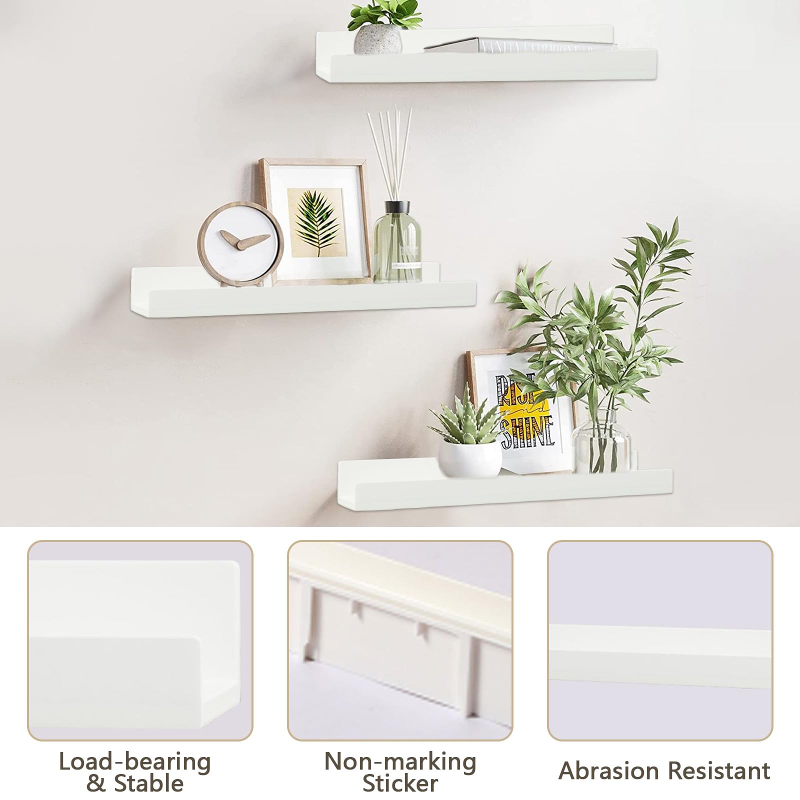 Floating Shelves for Wall Storage with Lip, 10.5" Picture Ledge Shelf Set of 3, White Acrylic Floating Shelf for Wall, Floating Wall Shelves for Kitchen, Bedroom, Bathroom Storage, Wall Home Decor