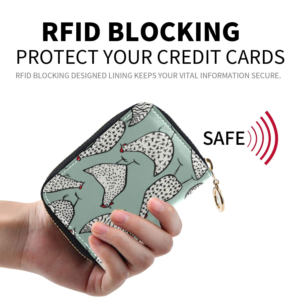 MOYYO RFID Credit Card Holder Case Beautiful Chickens Leather Printed Zipper Card Case Wallet for Women Girls