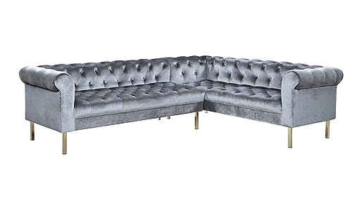 Iconic Home Giovanni Right Facing Sectional Sofa L Shape Velvet Upholstered Button Tufted Roll Arm Design Solid Gold Tone Metal Legs Modern Transitional Navy Grey