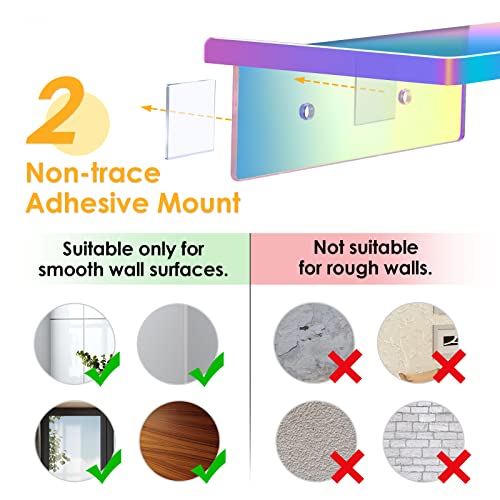 NiHome Wall Mount Rainbow Iridescent Floating Shelf - Acrylic Ledge Shelf with Edge 7.2"x3.7" Multi-purpose Organizer for Bathroom, Kitchen, Bedroom, Office, Adhesive Screw Mount Options (Single Pack)