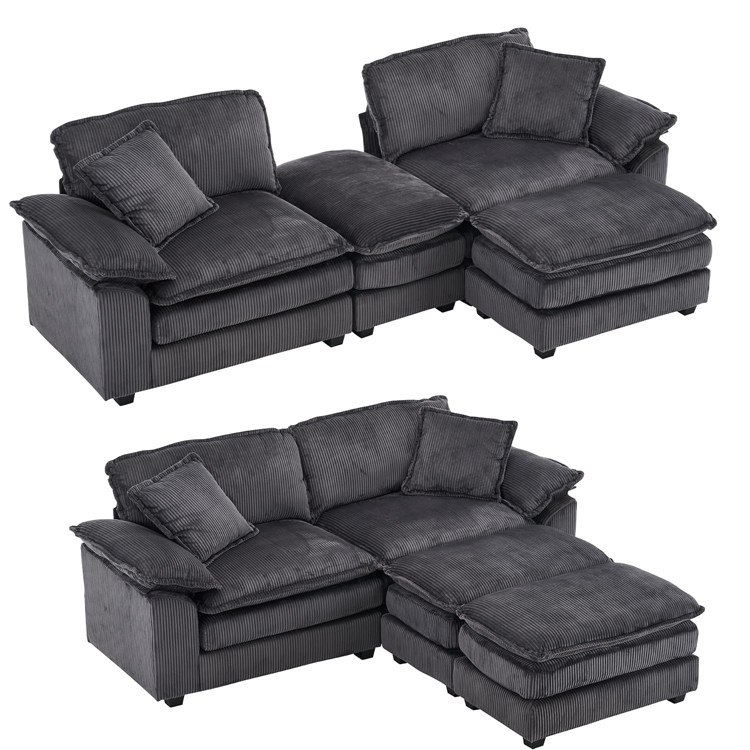 Corduroy Modular Sectional Couch, 84“ Width Oversize Loveseat Sofa, Comfy Plush Cloud Couch Lounge Chair with Ottomans and 2 Pillows for Small Spaces, Living Room, Bedroom, Office (Grey)
