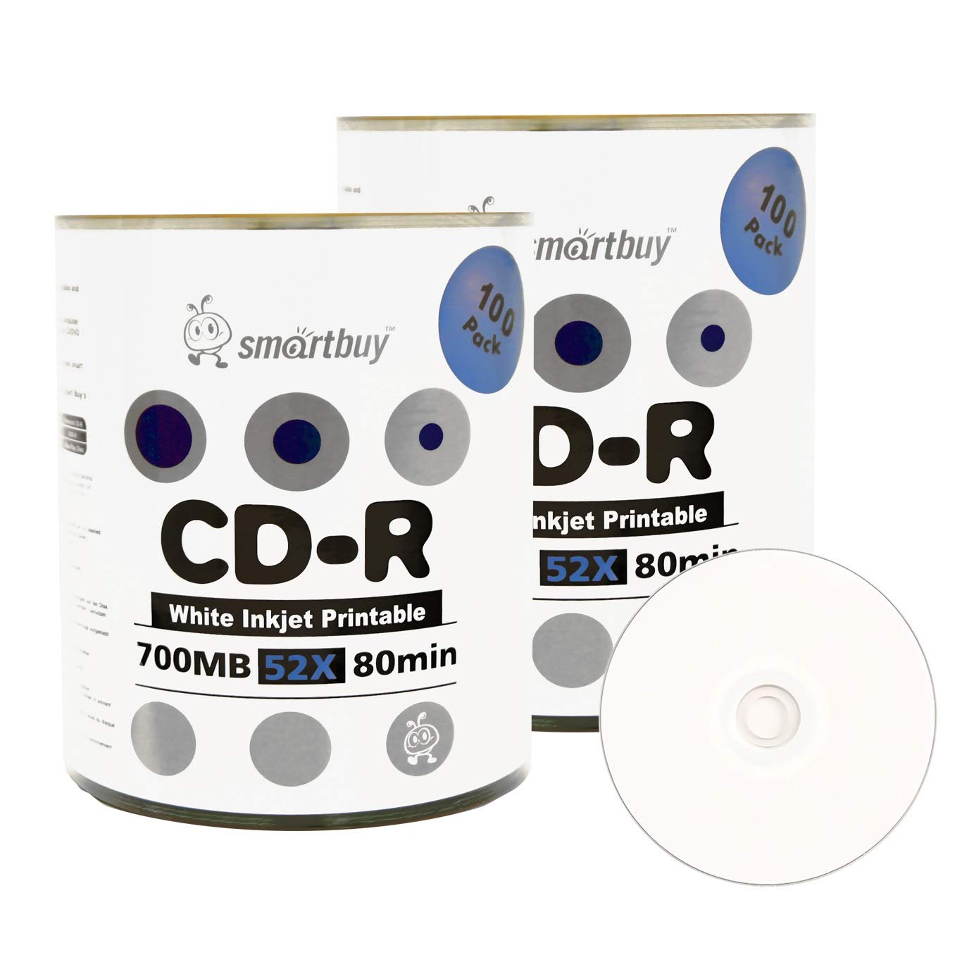 Smartbuy 200-disc 700mb/80min 52x CD-R White Inkjet Hub Printable Blank Recordable Media Disc