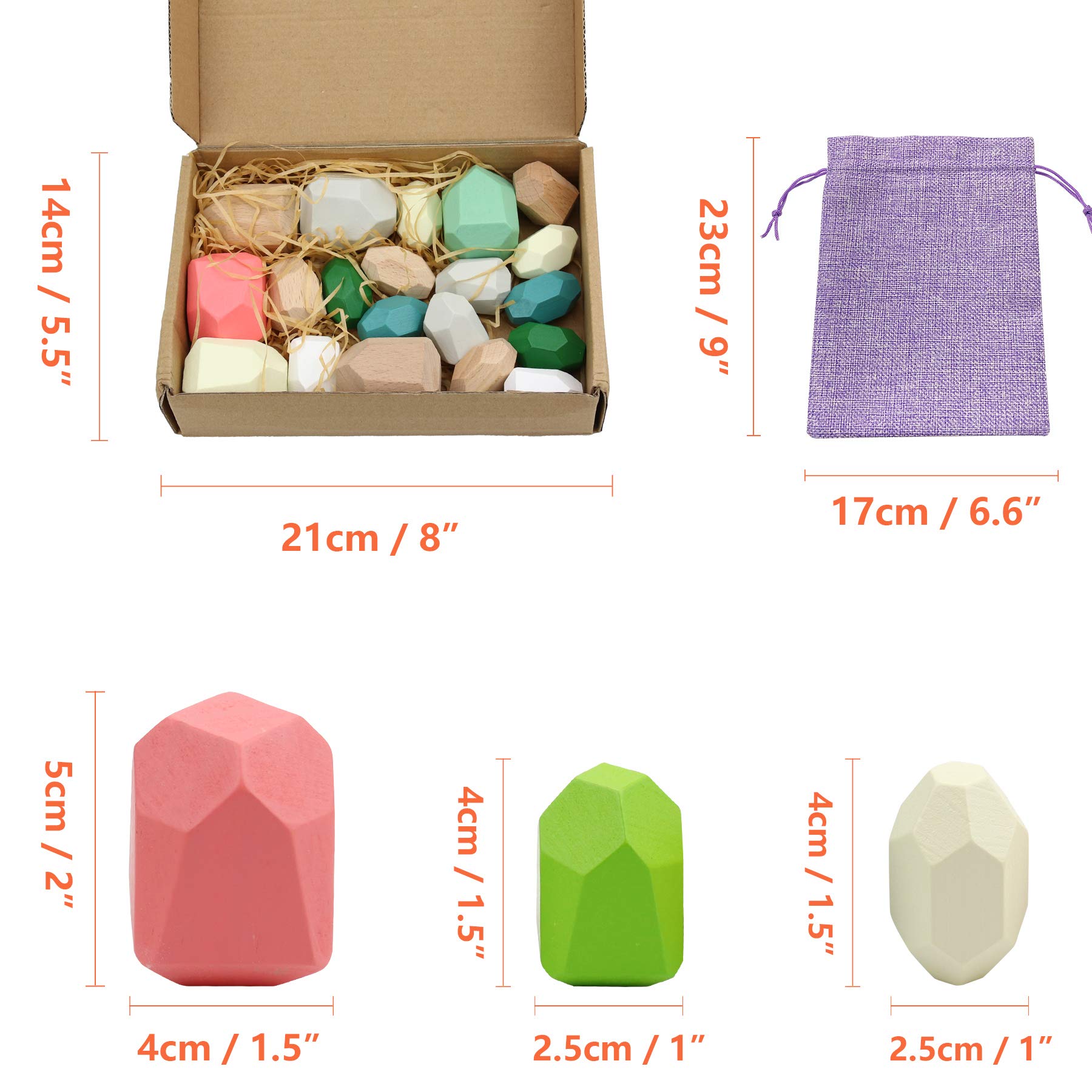 LSJDEER 40 PCS Wooden Rocks Balance Stones Building Blocks Set, Colored Wood Balancing Stone Stacking Game, Lightweight Natural Educational Preschool Learning Large Small Puzzle Toy for Kids