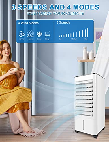 Evaporative Air Cooler,3-IN-1Portable Air Conditioners and Windowless Room Cooler Humidification-Ice Packs-12 Hour Timer-Remote Control,Ideal for Home, Office, Bedroom, Kitchen,School,Garage (Pearl White)