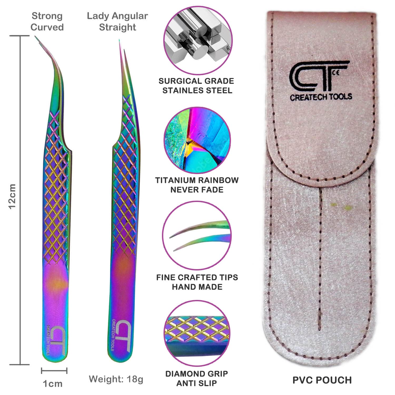 Createch Tools CT Eyelash Tweezers β Lash Tweezers for Extensions, Straight, Curved, Individual, Russian Volume, Isolation β Stainless Steel Rainbow Set (2-PCs Rainbow Set) (ELT)