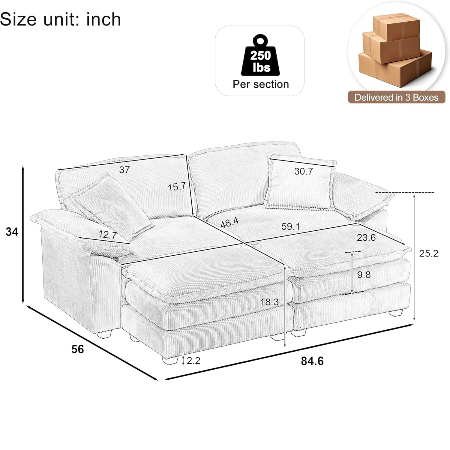 Corduroy Overstuffed Double Chaise Lounge, Oversized Modular 2 Seats Sofa Ottomans & Pillows,Comfy Deep Seat Cloud Couch for Living Room Bedroom Nursery (Black)