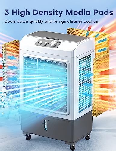 Evaporative Air Cooler, Breezewell 2100 CFM Outdoor Air Conditioner, 8 Gallon Windowless Air Conditioner for Room w/ 3 Speed, 4 Ice Pack, 4 Scroll Casters, Swamp Cooler for Outdoor Indoor Use