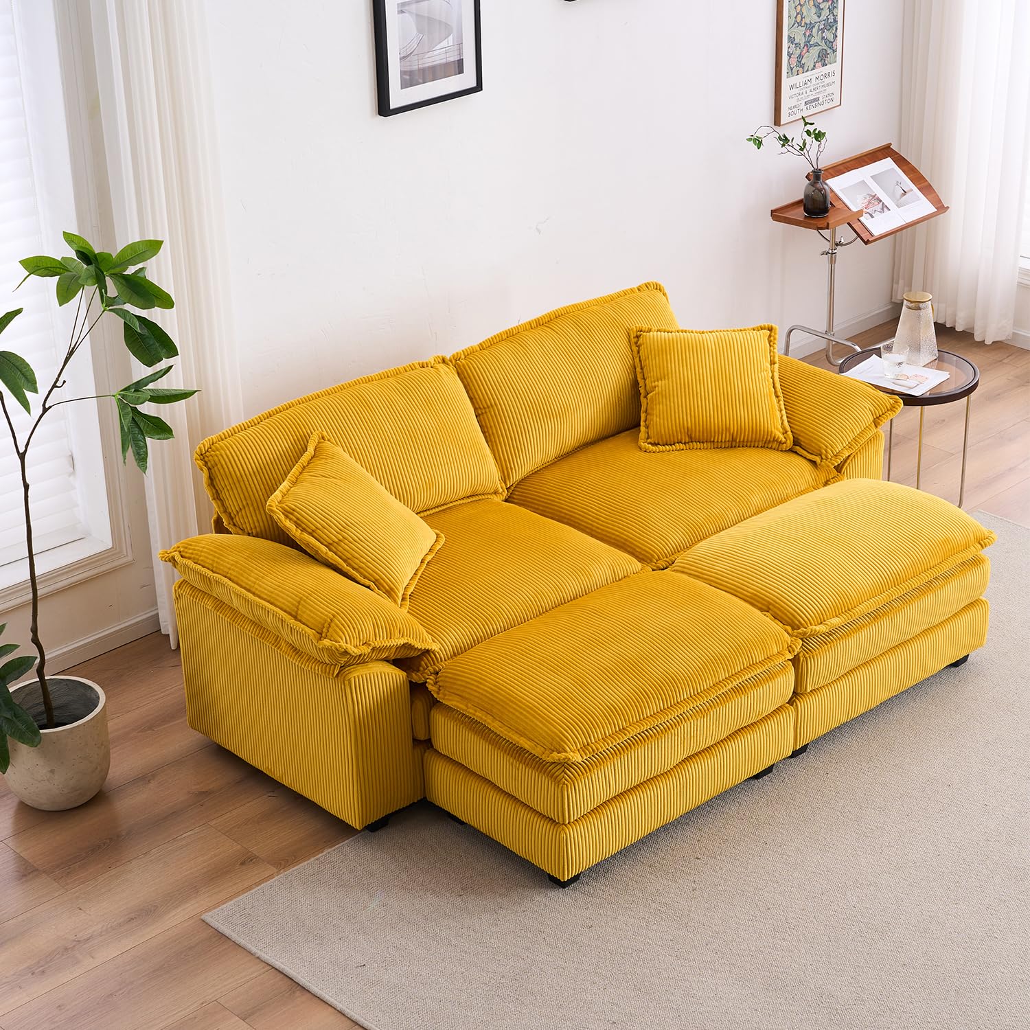 Corduroy Sectional Couch, 84“ Width Oversize Loveseat Sofa, Comfy Plush Cloud Couch Lounge Chair with Ottomans and 2 Pillows for Small Spaces, Living Room, Bedroom, Office Easy to Install (Yellow)
