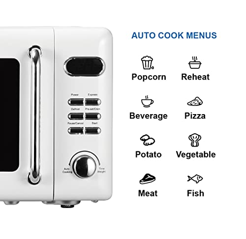 Emerson MWR7020W-N Retro Digital Microwave Oven with Timer & LED Display 700W with 5 Micro Power Levels, 8 Pre-Programmed Settings, Express & Defrost, with Child Safe Lock, 0.7 Cu. Ft, White