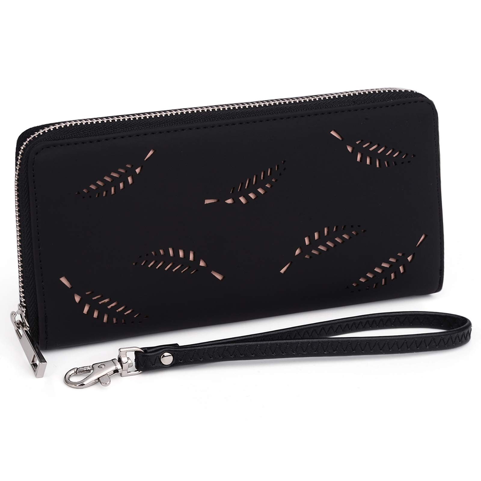 UTO Women Wallet Large Leather Hollow-Carved Leaf Card Holder Checkbook Passport Organizer Ladies Travel Clutch with Wristlet