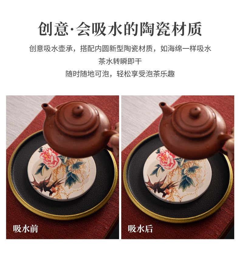 Ceramic Dry Foam Tray, Large disc Pot Bearing Kung Fu Tea Tray. Size 6.4 * 6.4 * 0.4 inches (A1)