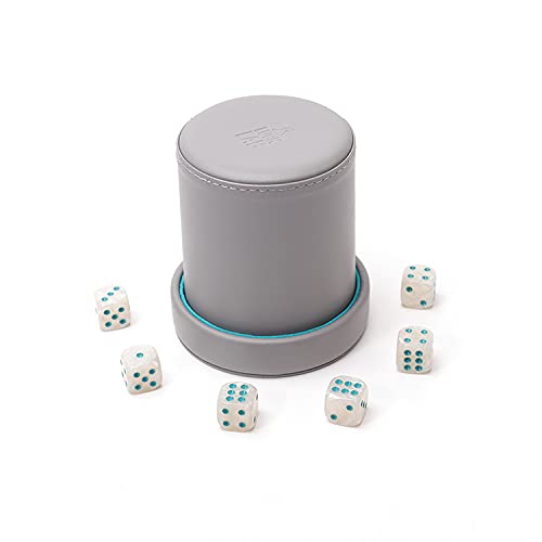 Luck Lab Grey Leather Dice Cup with Lid Including 6 Matching Pearl Dice - Teal Velvet Interior for Quiet Shaking - Use for Liars Dice Farkle Yahtzee Board Games, Grey