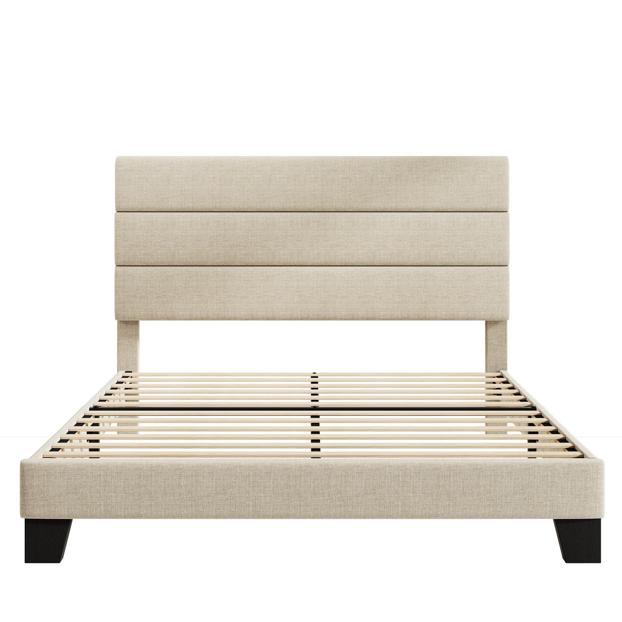 HOOMIC Queen Size Bed Frame with Headboard, Fabric Upholstered Platform Bed with Strong Wood Slats Support, Mattress Foundation, No Box Spring Needed, Beige