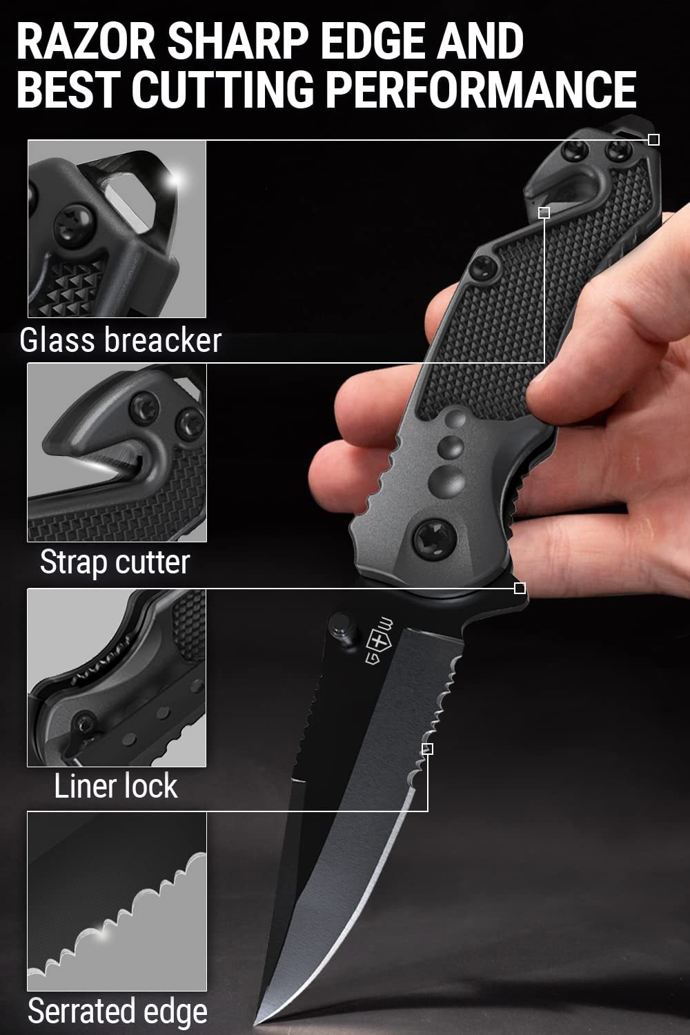 Bundle of 2 Items - 2,95β Serrated Blade Pocket Knife - Black Folding Knife with Glass Breaker and Seatbelt Cutter - Small EDC Knife - Dull Not-Sharp Blade - Skeleton Dull Trick Butterfly Knifes